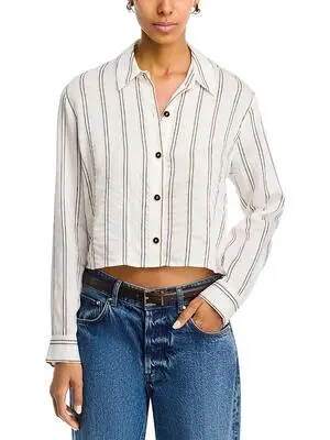 L'Agence Cosette Crop Hi-low Shirt - Ivory/khaki/black Stripe