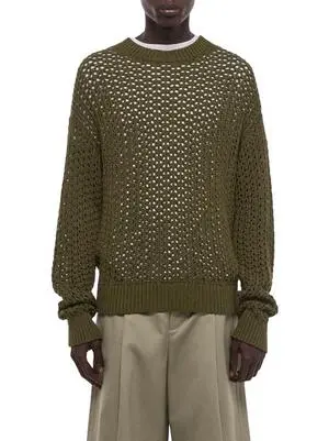 Helmut Lang Open Stitch Organic Cotton Blend Crewneck Sweater - Olive