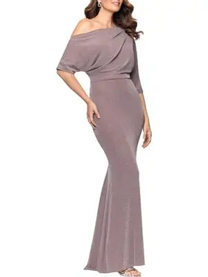 Betsy & Adam Shimmer One-shoulder Gown - Taupe/silver