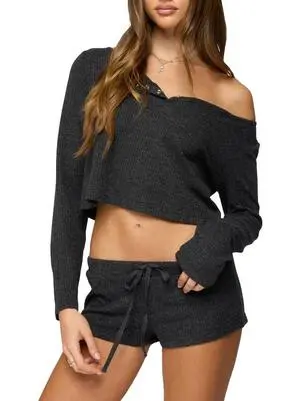 EDIKTED Waffle Knit Off-the-shoulder Crop Top - Black