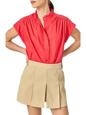 English Factory Rickrack Trim Button-up Cotton Shirt - Red