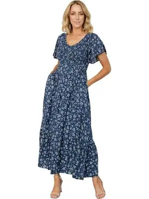 BALTIC BORN Joanie Smocked Maxi Dress Blue Floral