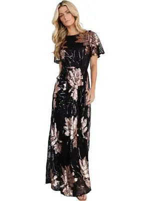 BALTIC BORN Sequin Leaf Maxi Dress - Black + Rose