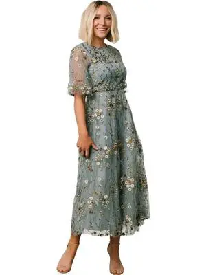 BALTIC BORN Arabella Embroidered Tulle Maxi Dress - Dusty Blue Floral