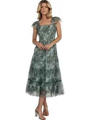 BALTIC BORN Clementine Tulle Midi Dress Dusty Green Print