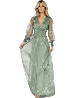 BALTIC BORN Layla Tulle Maxi Dress - Dusty Green Floral