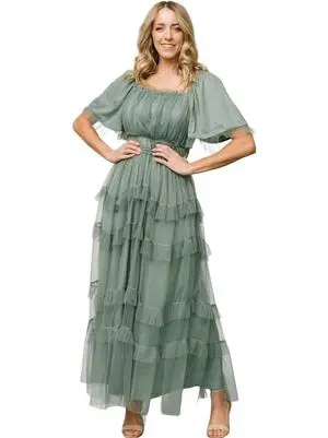 BALTIC BORN Magdalena Tulle Maxi Dress Eucalyptus