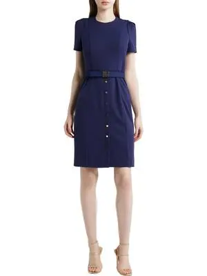 Anne Klein Belted Sheath Dress - Deep Navy