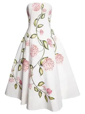 Oscar De La Renta Porcelain Flowers Stretch Cotton Poplin Strapless Dress - Pink/white