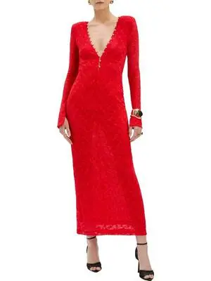 Bardot Zenia Deep V-neck Long-sleeve Dress - Fire Red