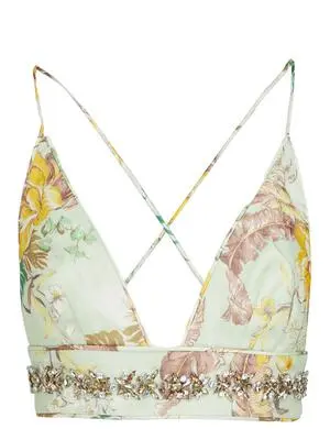 Zimmermann Floral-print Linen And Silk-blend Bra Top - Mint