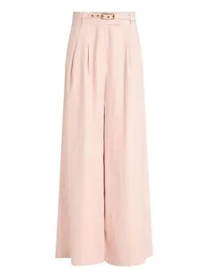 Zimmermann Belted Pleated Wide-leg Linen Pants - Baby Pink