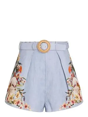 Zimmermann Belted Floral-print Linen Shorts - Light Blue