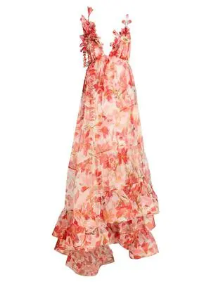 Zimmermann Appliquéd Floral-print Silk-organza Gown - Tomato Red