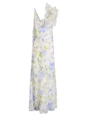 Zimmermann Cutout Floral-print Linen And Silk-blend Gown - Cobalt Blue