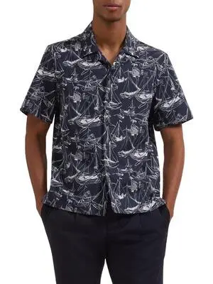 Bugatchi Jackson Marina Print Stretch Cotton Camp Shirt - Navy