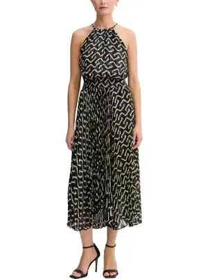 MORGAN Printed Pleated Midi Dress - Black