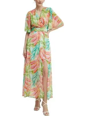 MORGAN Slit Floral Print Maxi Dress - Green