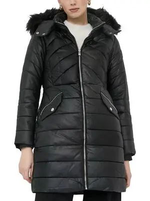 MORGAN Quilted Zip-up Coat With Fur Trim - Black