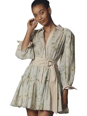 EN SAISON Rylee Long-sleeve Belted Shirt Dress - Sage Olive Yellow