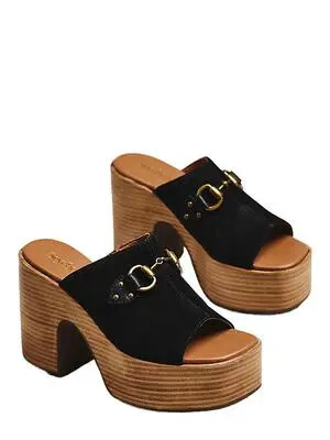 Seychelles Horsebit Platform Heeled Sandals Black Suede