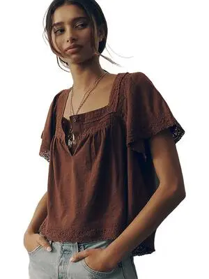 Anthropologie Lace-trimmed Henley Top - Tortoise Shell