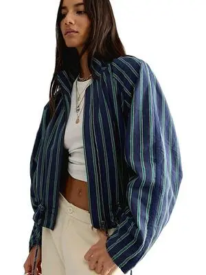 Free People Devon Striped Balloon Funnel-neck Jacket - Navy Combo