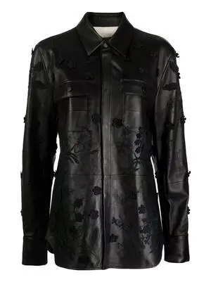 Elie Saab Floral-embroidered Leather Shirt Jacket - Black