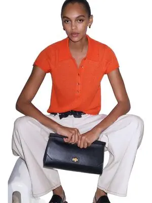 ME+EM Merino Cashmere Silk Polo Tee - Tangerine Orange