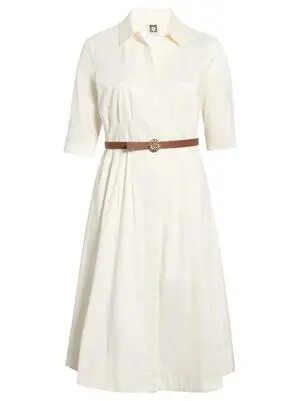 Anne Klein Belted Elbow Sleeve Cotton Sateen Shirtdress - White Dove