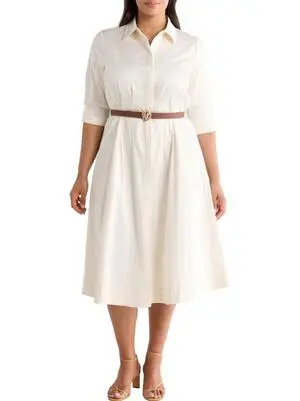 Anne Klein Belted Elbow Sleeve Cotton Sateen Shirtdress - White Dove