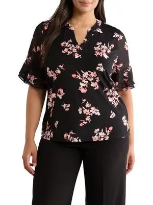 Anne Klein Floral Ruffle Sleeve Top - Anne Black Multi