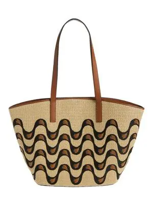Farm Rio Large Embroidered Raffia Basket Tote - Natural Raffia And Black