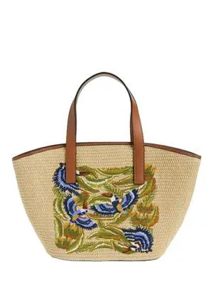 Farm Rio Small Embroidered Raffia Basket Tote Sunny Paradise Embroidery
