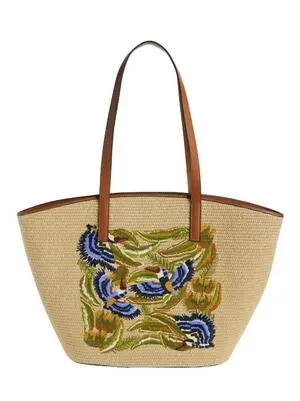 Farm Rio Large Embroidered Raffia Basket Tote - Sunny Paradise Embroidery