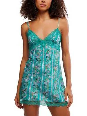 Free People Lace Trim Mini Slipdress - Seagreen Combo