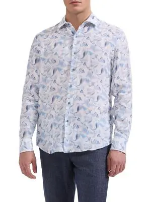 Bugatchi Julian Shaped Fit Abstract Print Linen Button-up Shirt - Air Blue