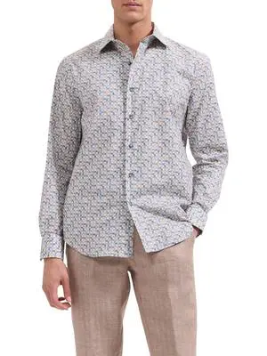 Bugatchi Axel Shaped Fit Geo Floral Stretch Cotton Button-up Shirt - Walnut