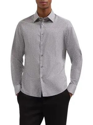 Bugatchi Julian Shaped Fit Geometric Pinwheel Print Stretch Cotton Button-up Shirt - White