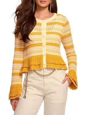 Ramy Brook Metallic Stripe Flounce Cardigan - Marigold Combo Stripe