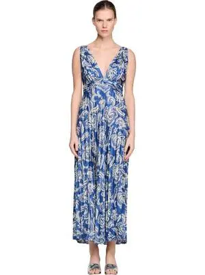 Sandro Floral Print Maxi Dress Blue/ecru