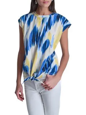 Dkny Abstract Print Side Tie Stretch Cotton Top - Sunlit Shoreline