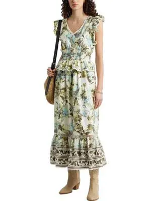 Treasure & Bond Floral Flutter Sleeve Peplum Maxi Dress - Ivory- Yellow Rose Border