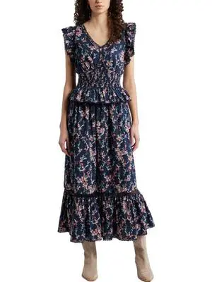 Treasure & Bond Floral Flutter Sleeve Peplum Maxi Dress - Navy Lilibet Floral