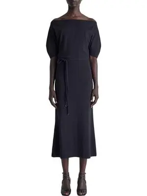 LEMAIRE Midi Sheath Dress In Cotton And Linen Blend - Blue