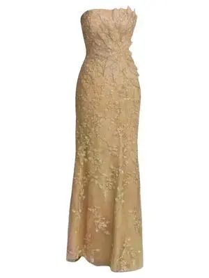 Mac Duggal Strapless Floral-embellished Maxi Dress - Gold