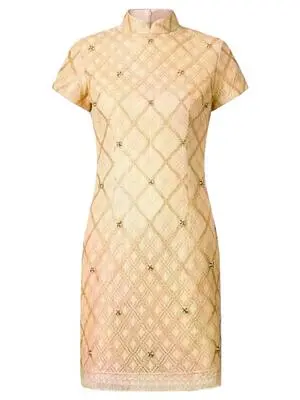 Shanghai Tang Beaded Lattice Mini Dress - Neutrals