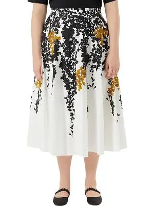 Marina Rinaldi Floral Print Cotton Midi Skirt - White
