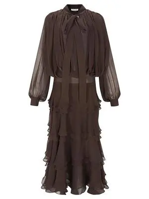 JULYCOLUMN Opera Silk Tie Maxi Dress - Brown