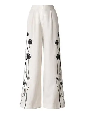 ANDRES OTALORA Linen Wide-leg Pants With Floral Embroidery - Print
